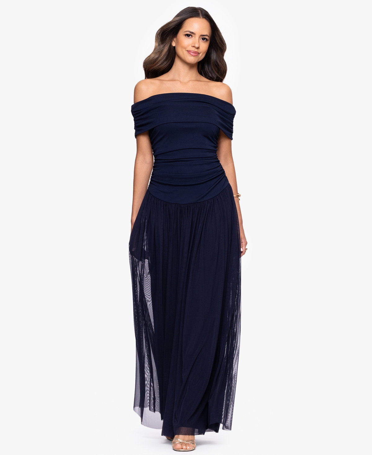 Click here for Betsy & Adam Womens Off-The-Shoulder Long Sheath D... prices