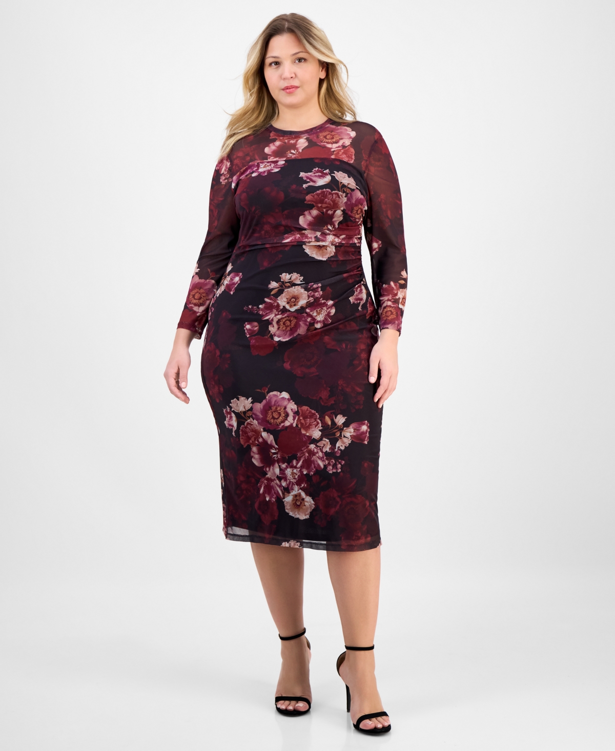 Click here for Anne Klein Plus Size Floral Mesh Side-Ruched Midi... prices