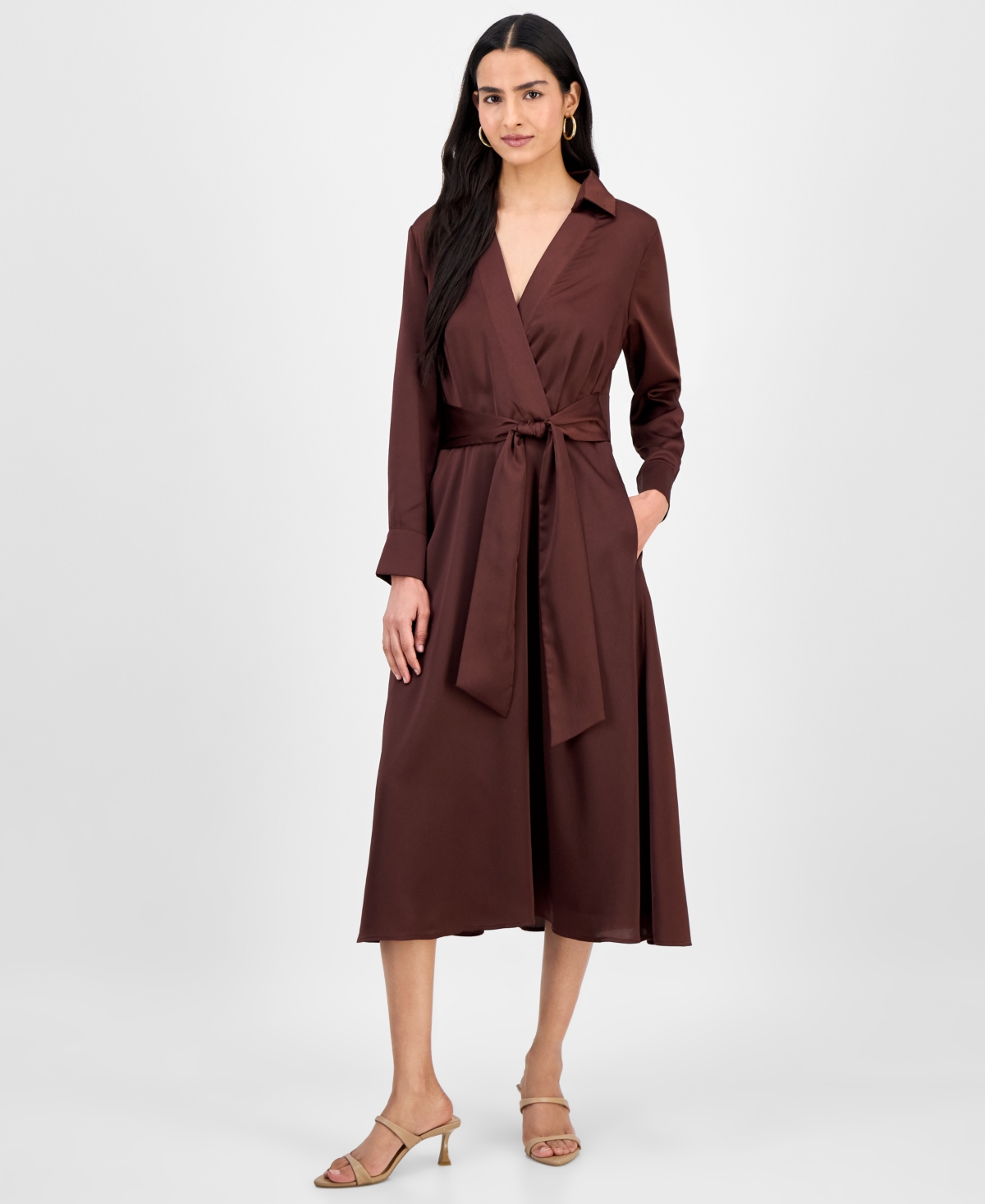 Click here for Tahari Asl Womens Collared V-Neck Tie-Waist Midi D... prices