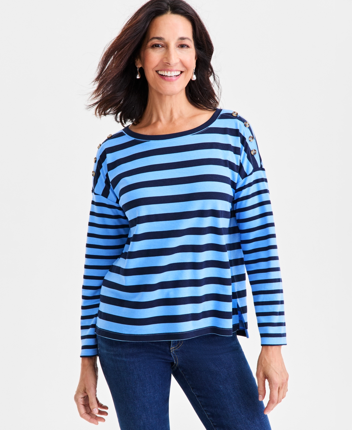Click here for Style & Co Womens Long Sleeve Button-Trim Striped... prices