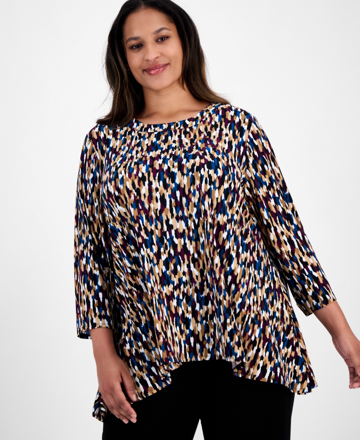 Click here for Ak Anne Klein Plus Size Printed Asymmetric-Hem Tun... prices