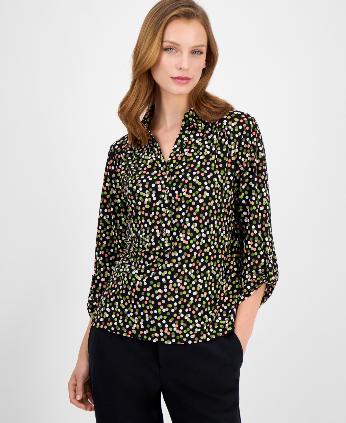 Click here for Ak Anne Klein Petite Dot-Print Roll-Tab Top - Anne... prices