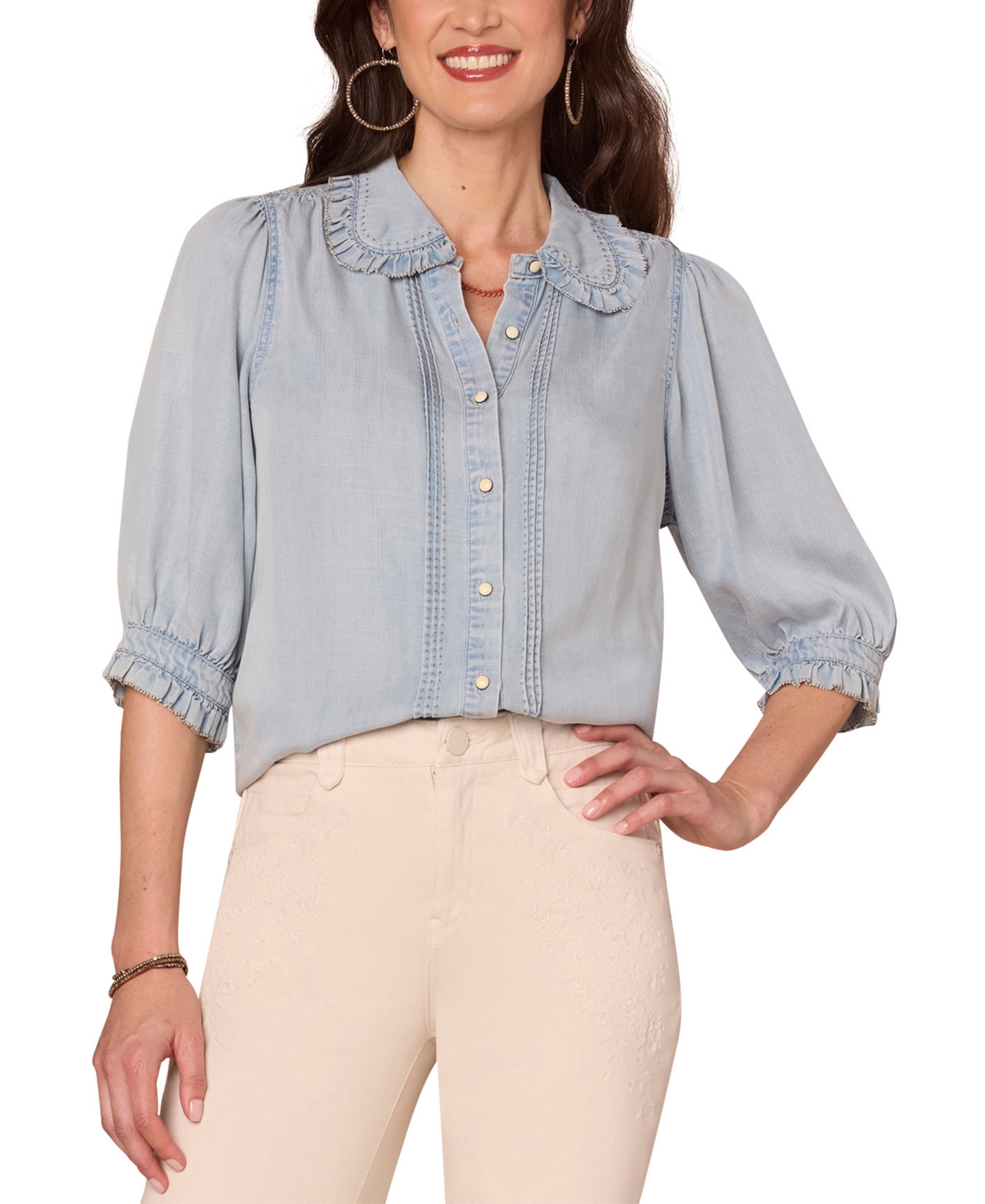 Click here for Democracy Petite Ruffle Edge Top - Gray prices