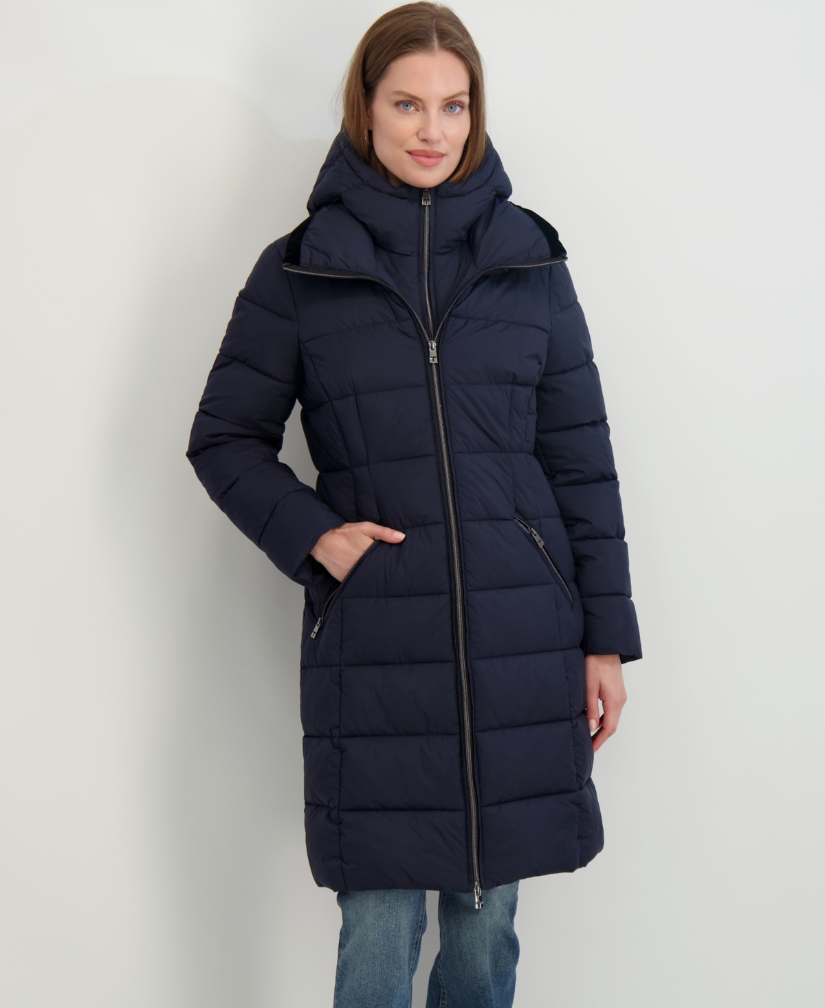Click here for Tahari Womens Hooded Bibbed Puffer Coat - Navy prices