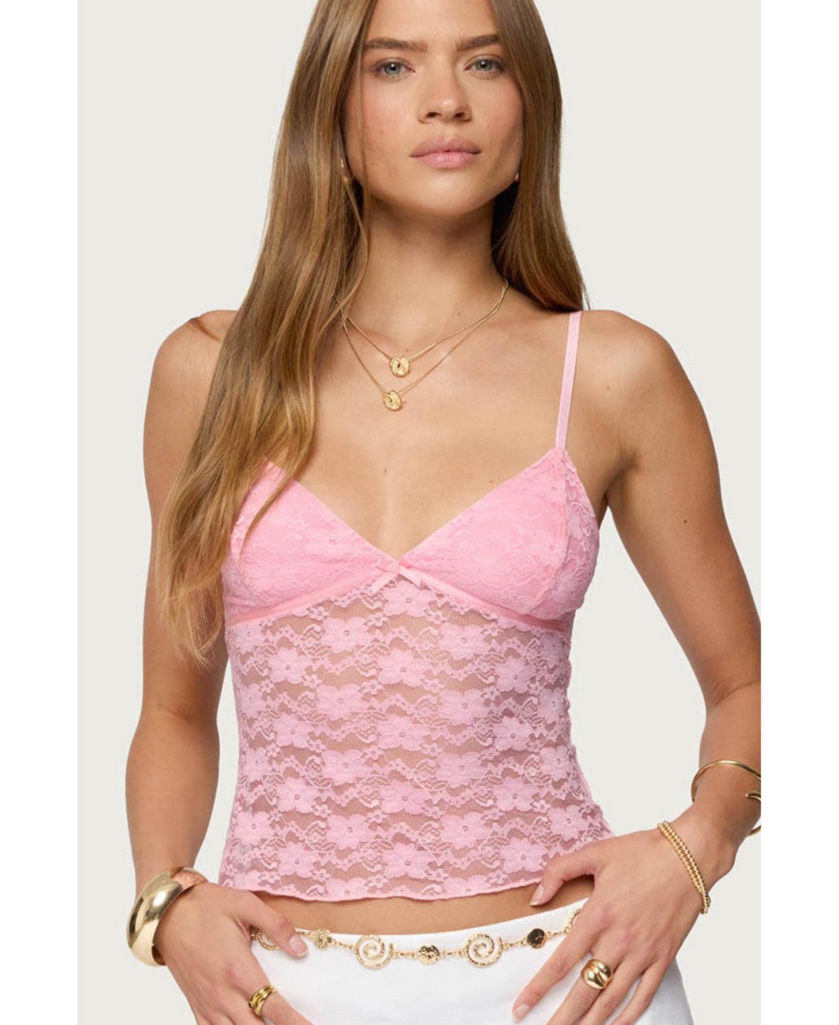 Click here for Edikted Womens Eira Sheer Lace Tank Top - Pink prices