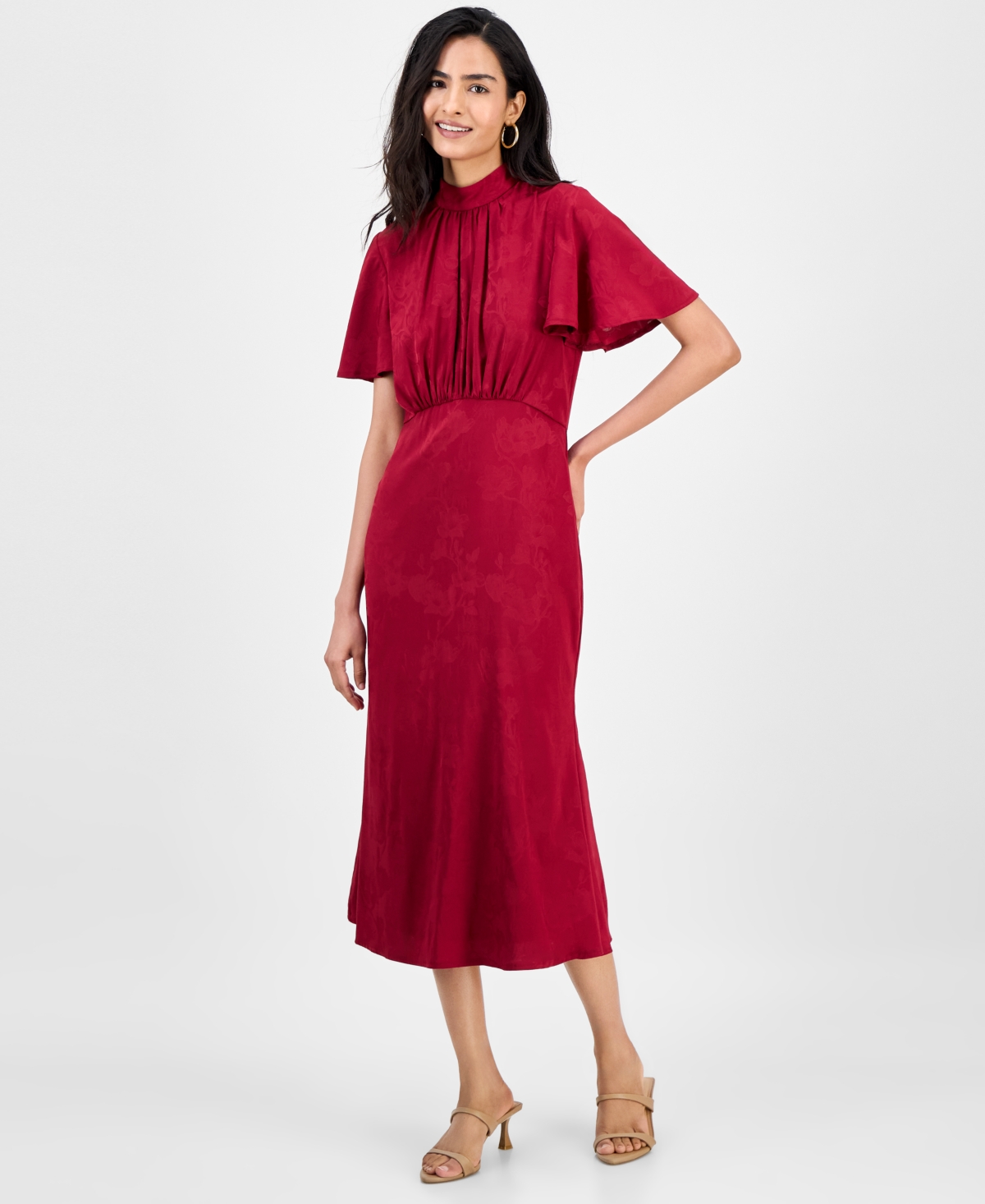 julia jordan Womens High-Neck Flounce-Sleeve Midi Dress - RED