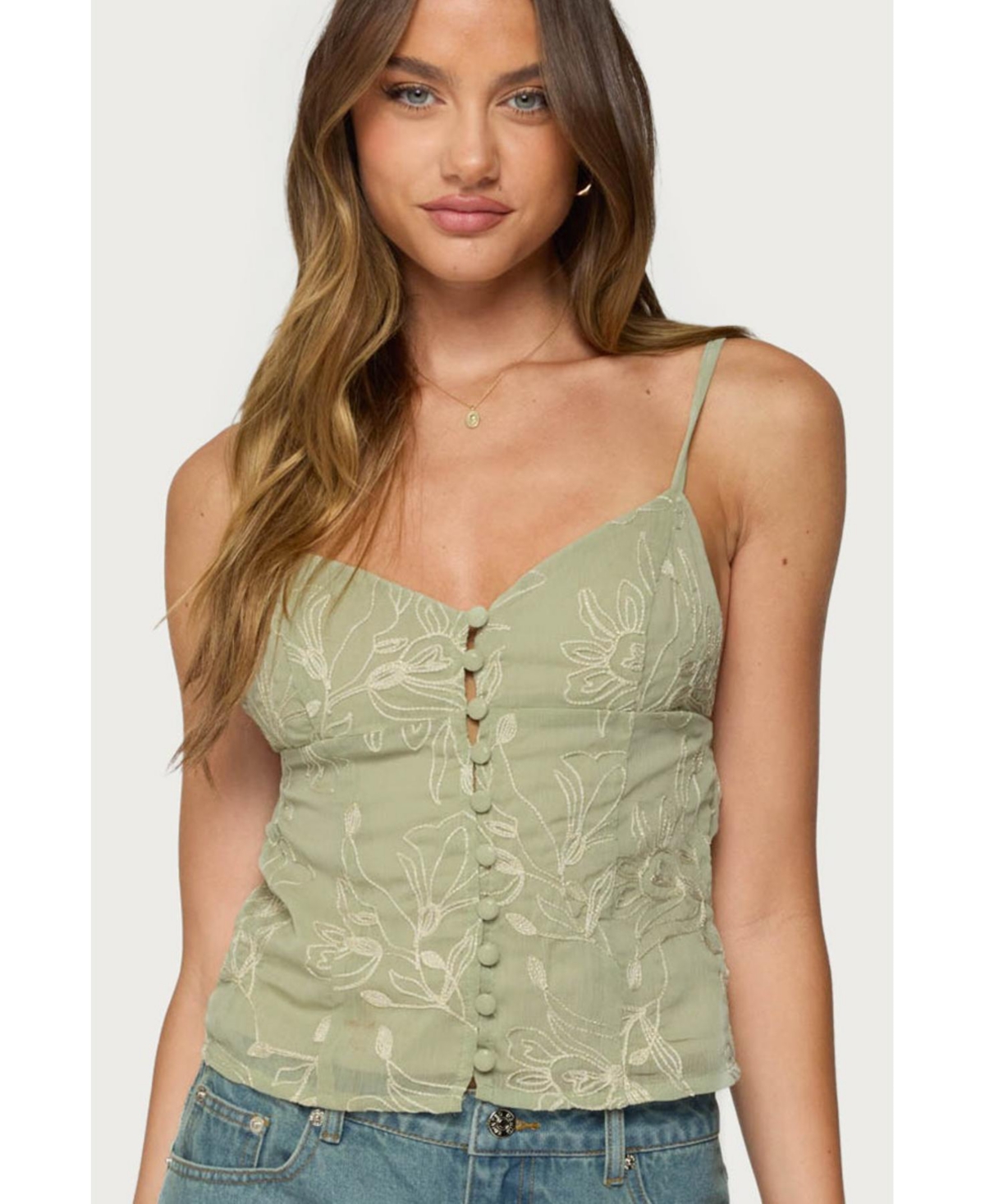 Edikted Womens Embroidered Button Up Tank Top - Green