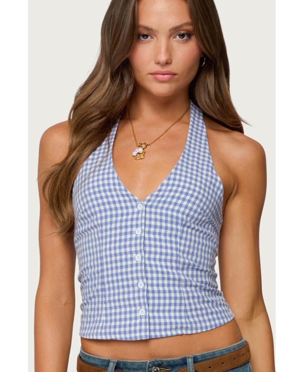 Click here for Edikted Womens Evan Gingham Button Up Halter Top -... prices