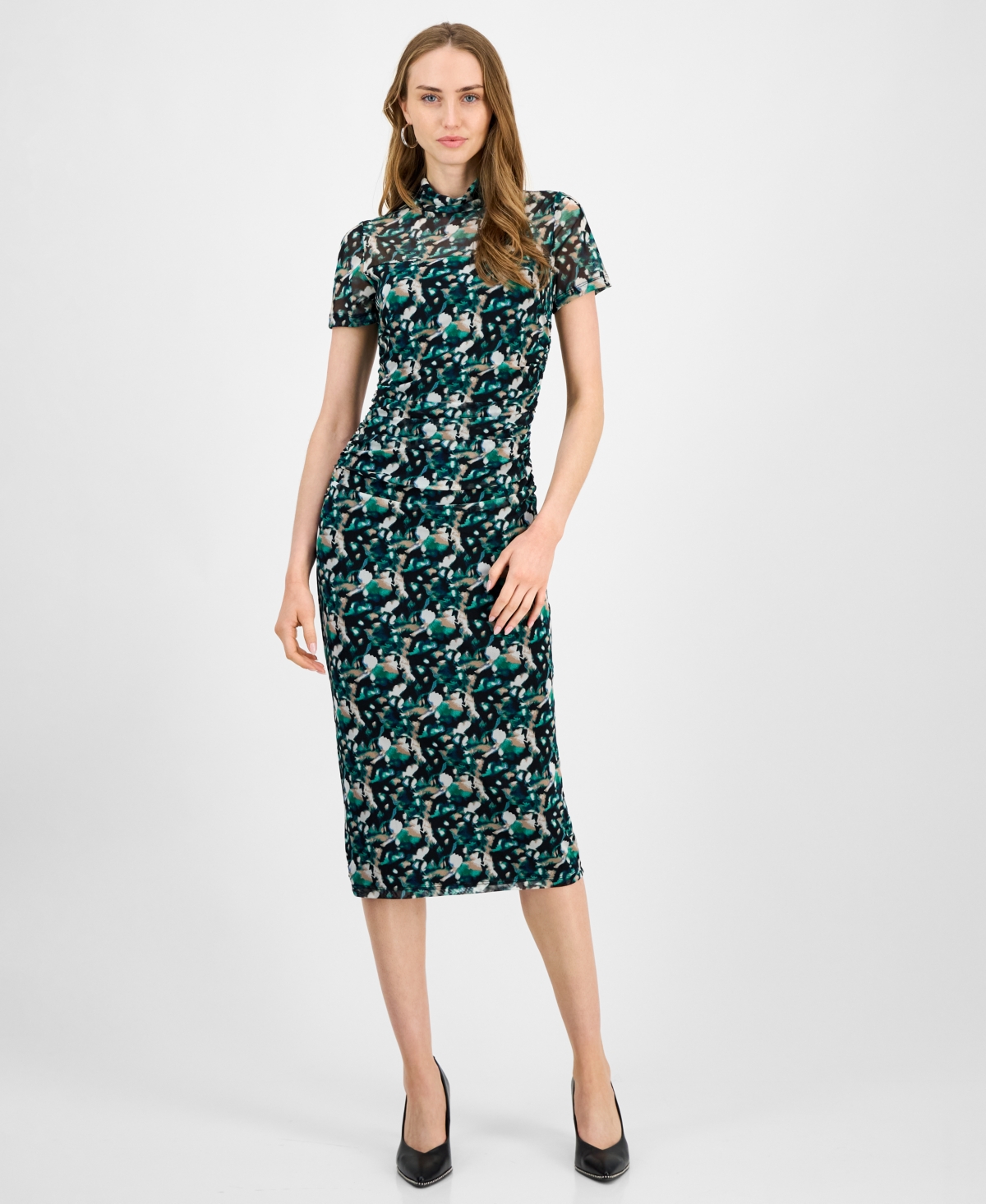 Click here for Bar Iii Womens Printed-Mesh Mock-Neck Midi Dress... prices