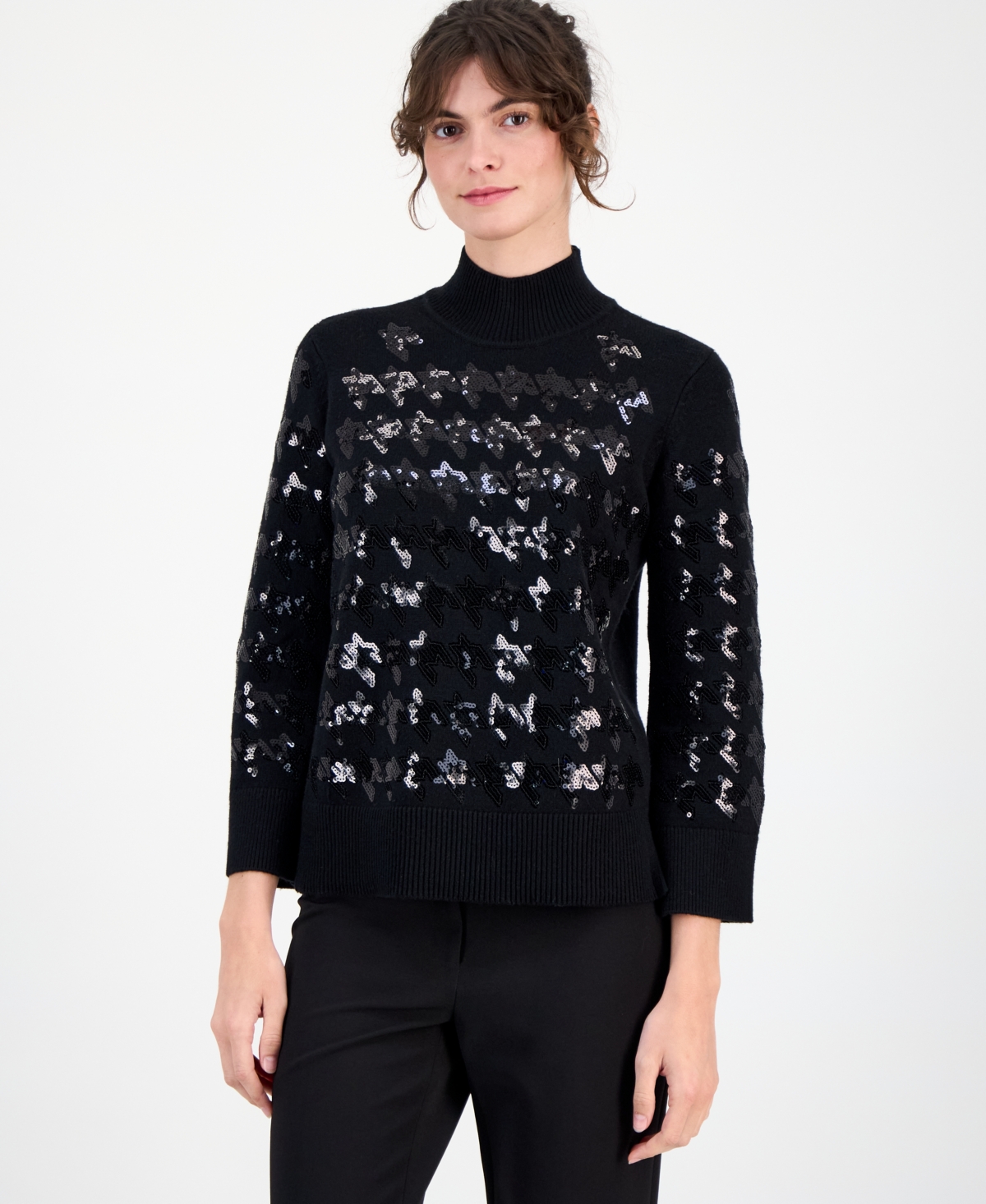 Click here for Anne Klein Womens Houndstooth Sequin Mock-Neck Swe... prices