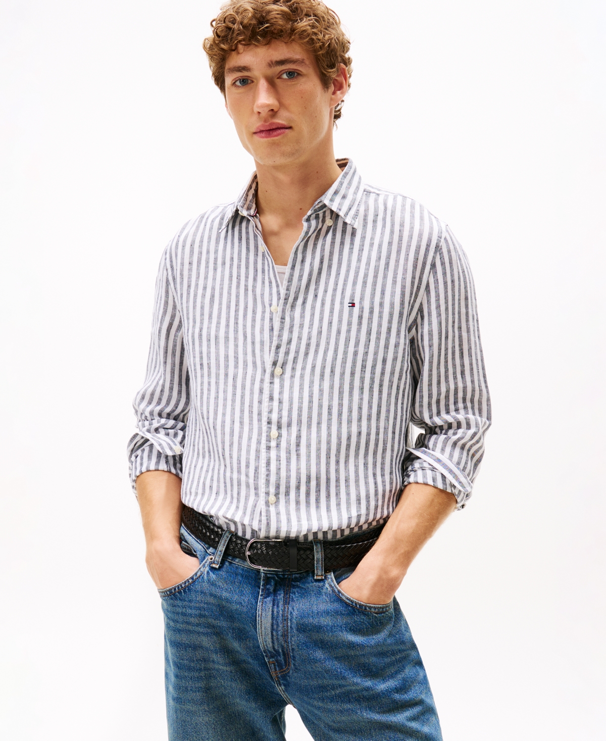 Tommy Hilfiger Mens Pigment-Dyed Stripe Linen Button Up Shirt - Desert Sky / Stripe