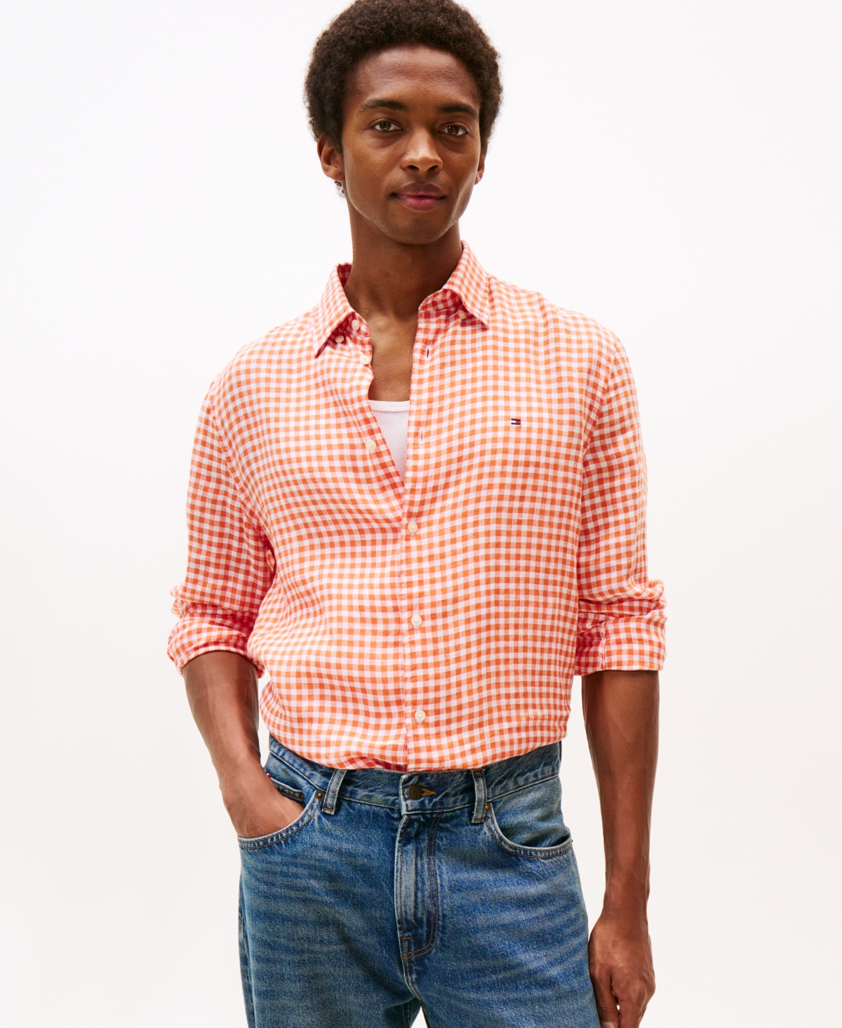 Click here for Tommy Hilfiger Mens 100 Linen Gingham Button Up Sh... prices