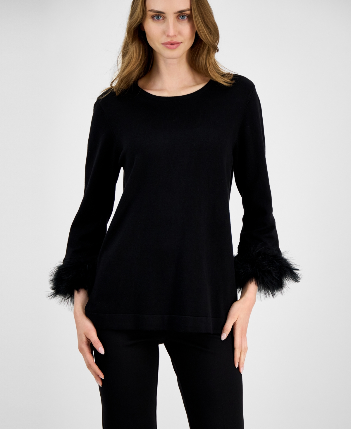 Click here for Anne Klein Womens Crewneck Feather-Trim-Cuff Sweat... prices