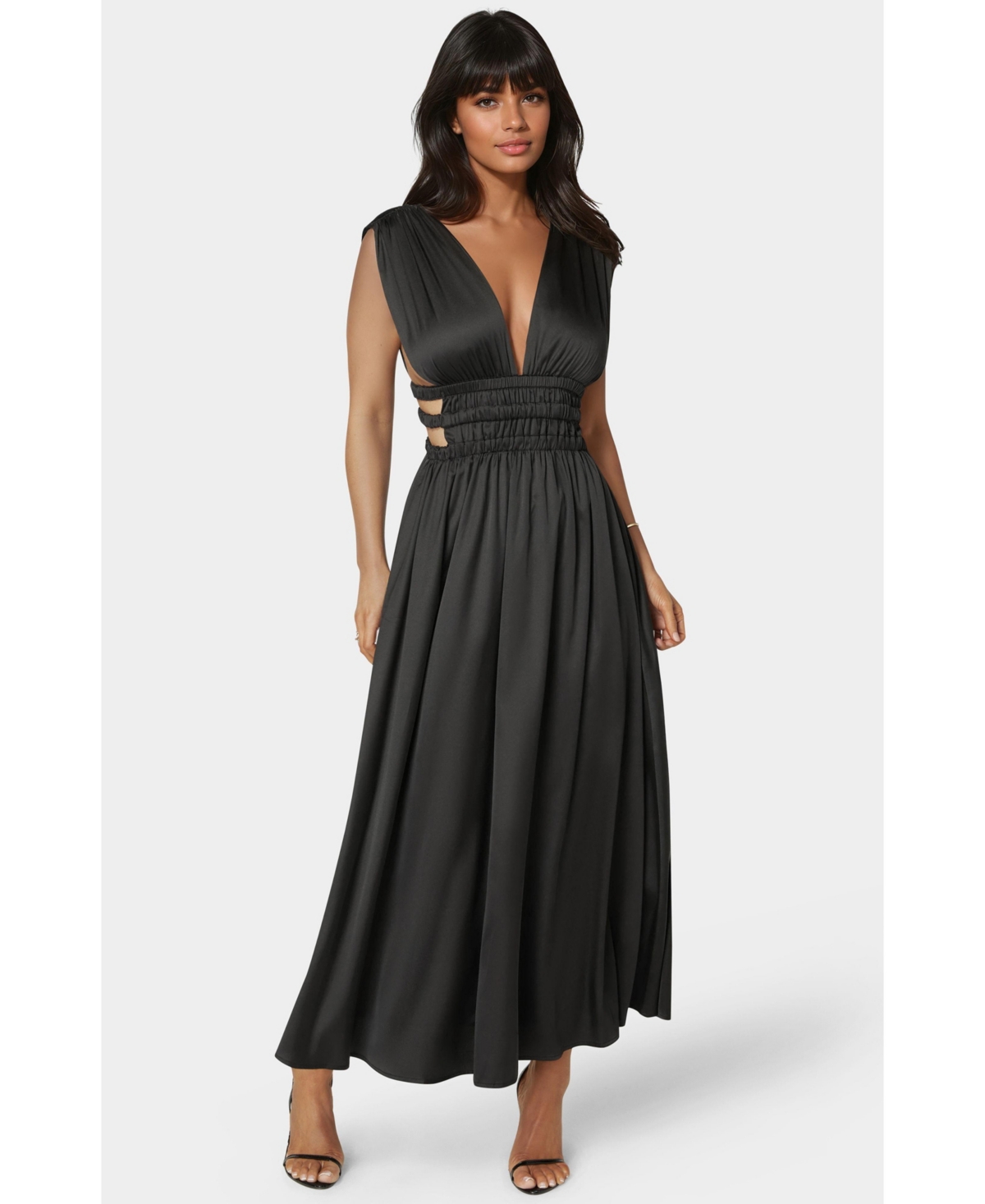 Click here for Bebe Womens Satin V-Neck Cutout Maxi Dress - Black prices