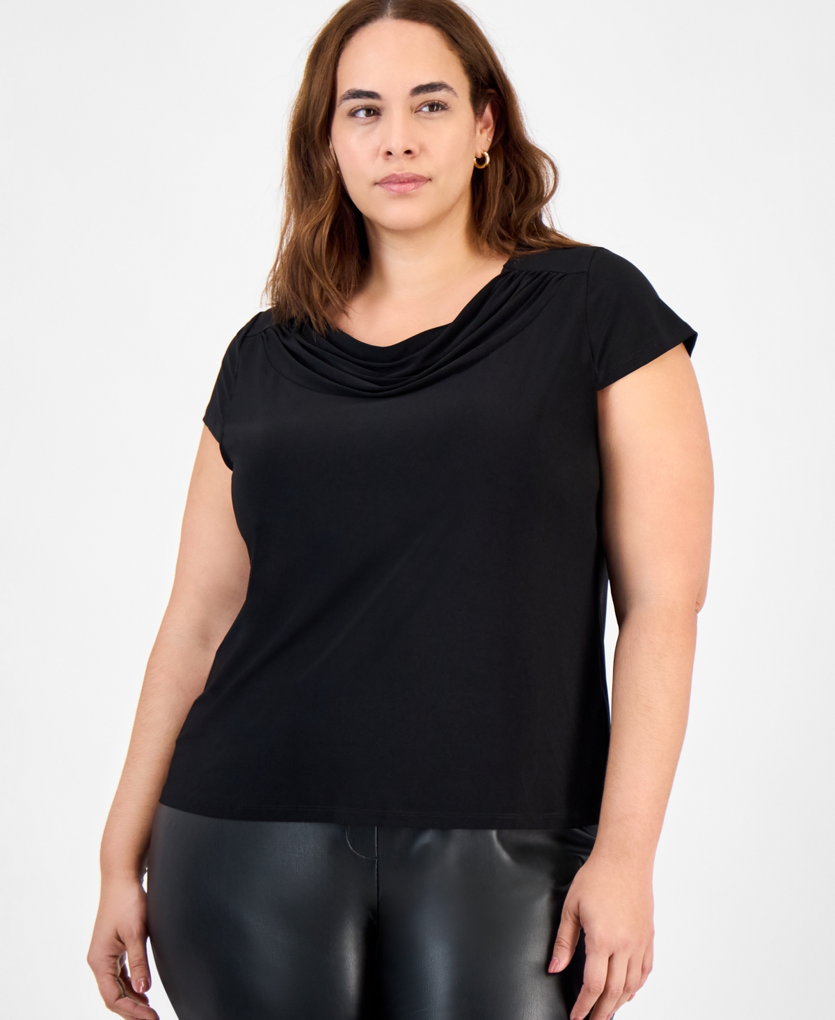 Kasper Plus Size Stretch Knit Short-Sleeve Cowl-Neck Top - Black