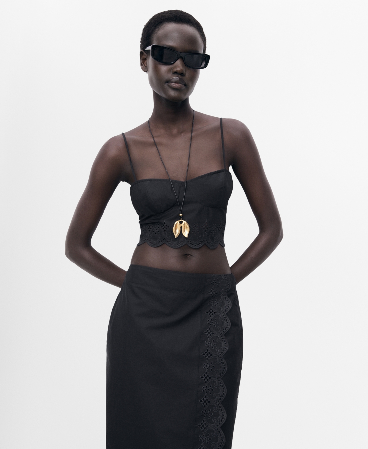 Click here for Mango Womens Embroidered Crop Top - Black prices