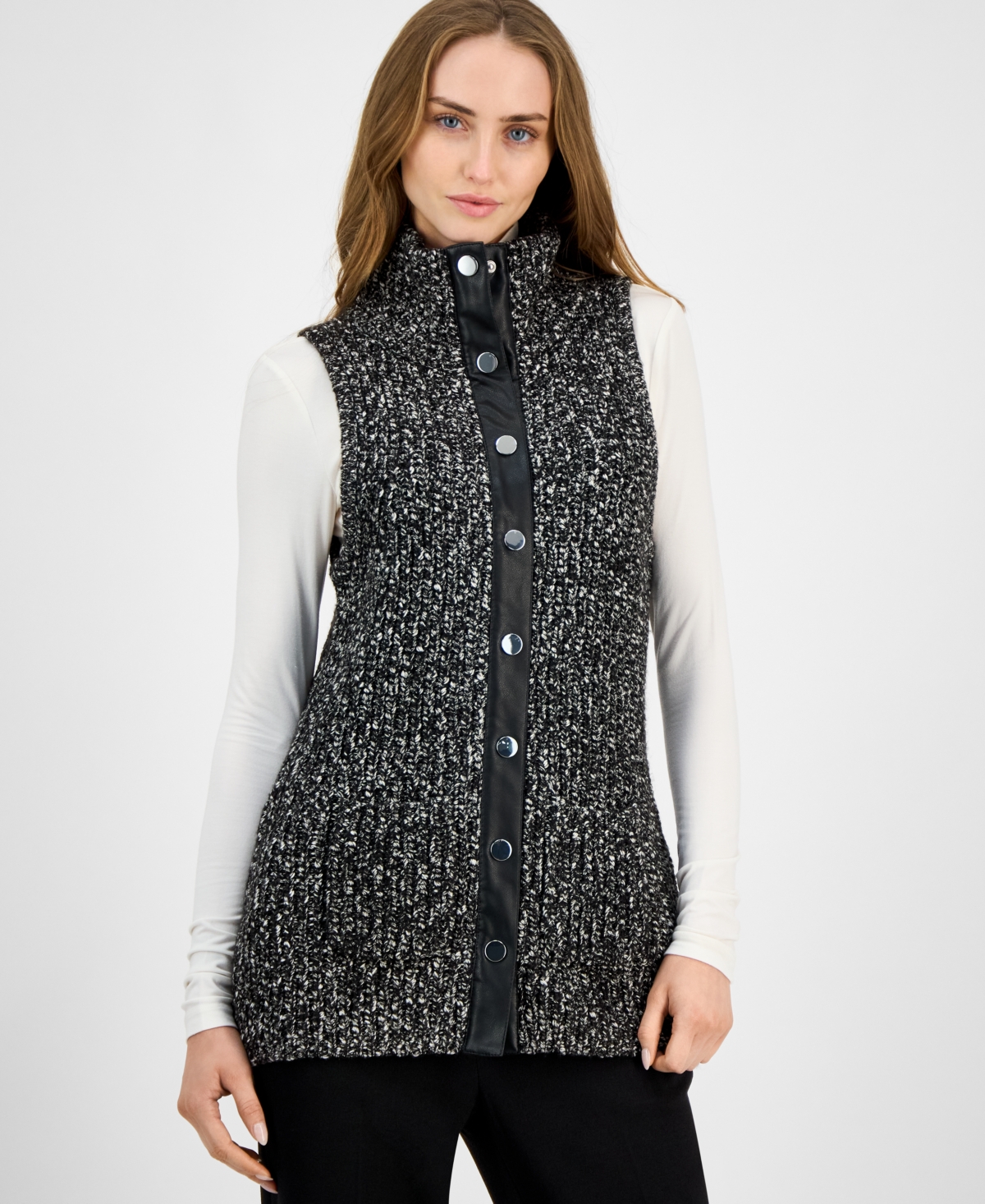 Click here for Anne Klein Womens Marled Faux-Leather-Trim Vest -... prices