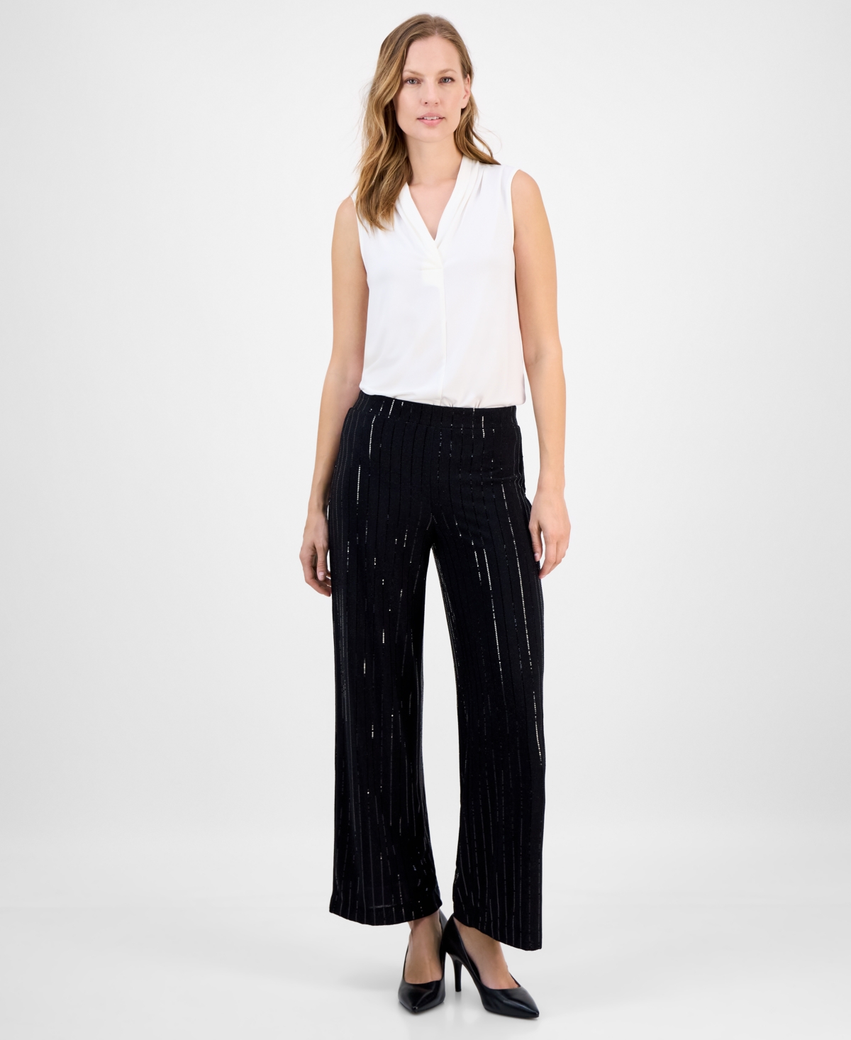 Click here for Anne Klein Womens Shine Metallic-Stripe Wide-Leg P... prices