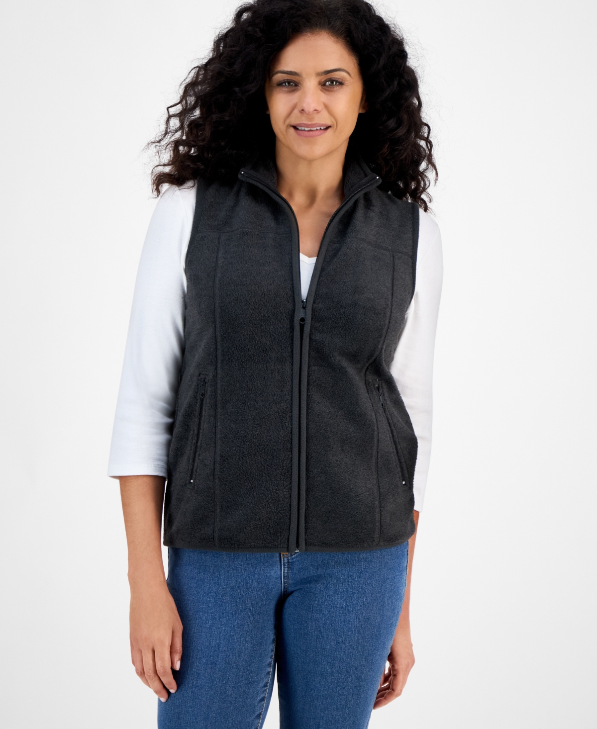Style & Co Womens Zip-Front Polar Fleece Vest  Created for Macys - Deep Pewter Heather