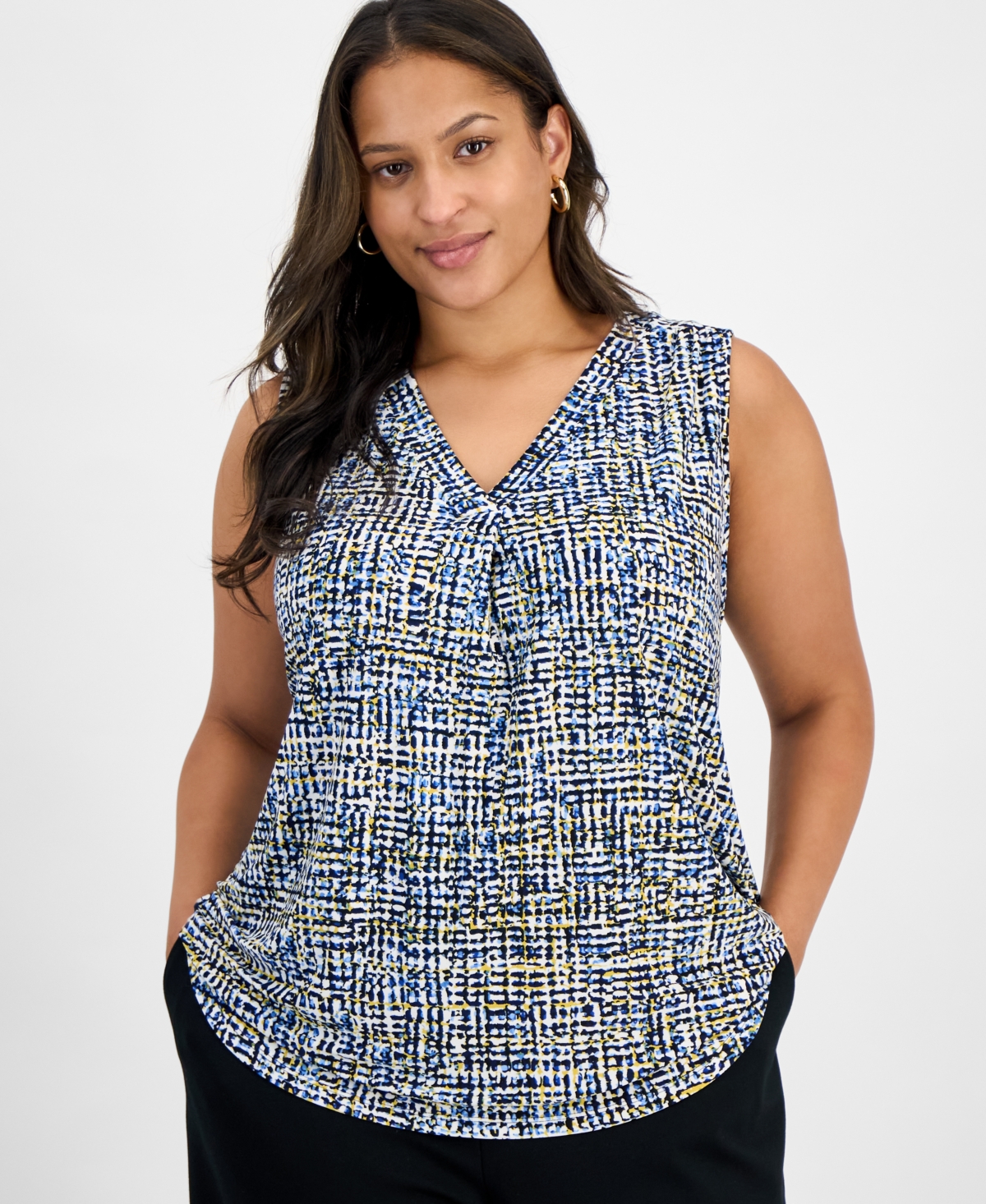 Click here for Jones New York Plus Size Printed Pleat-Neck Blouse... prices
