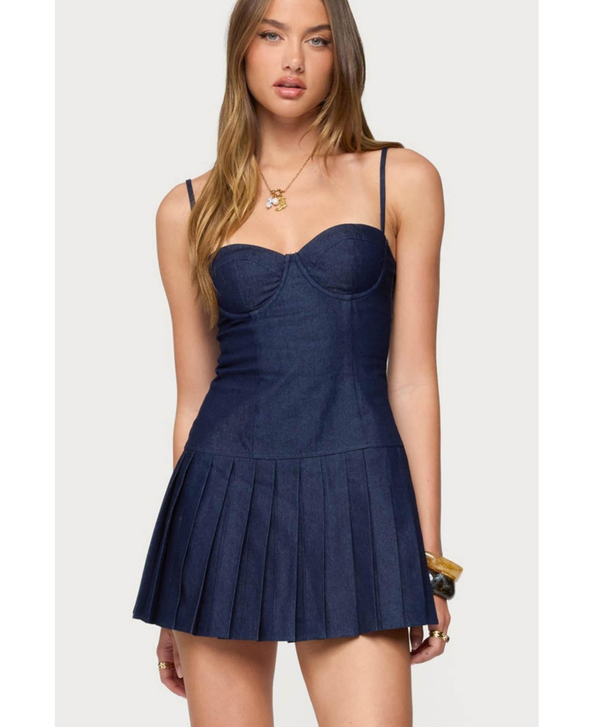 Click here for Edikted Womens Rudy Pleated Denim Mini Dress - Dar... prices