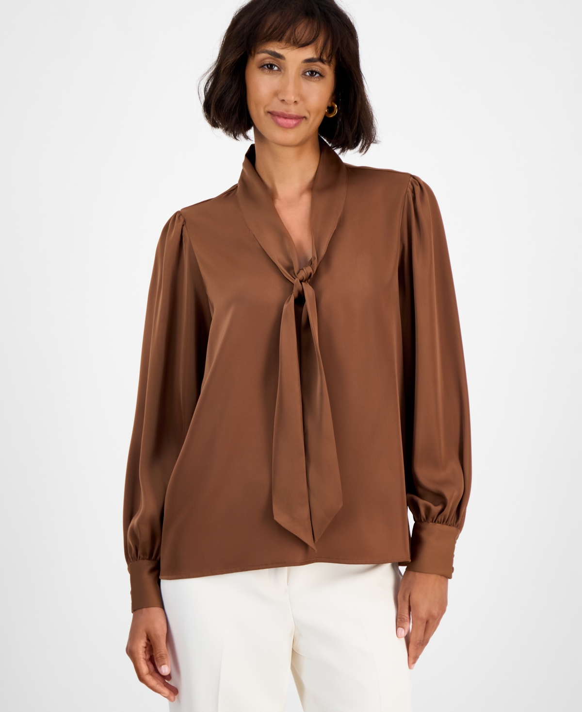 Click here for T Tahari Womens Bow-Neck Tie Blouse - Sherwood Cam... prices