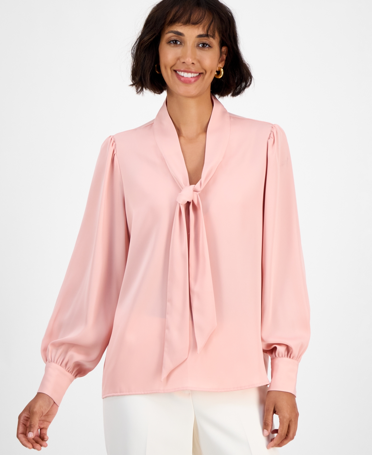 Click here for T Tahari Womens Bow-Neck Tie Blouse - Stone Pink prices
