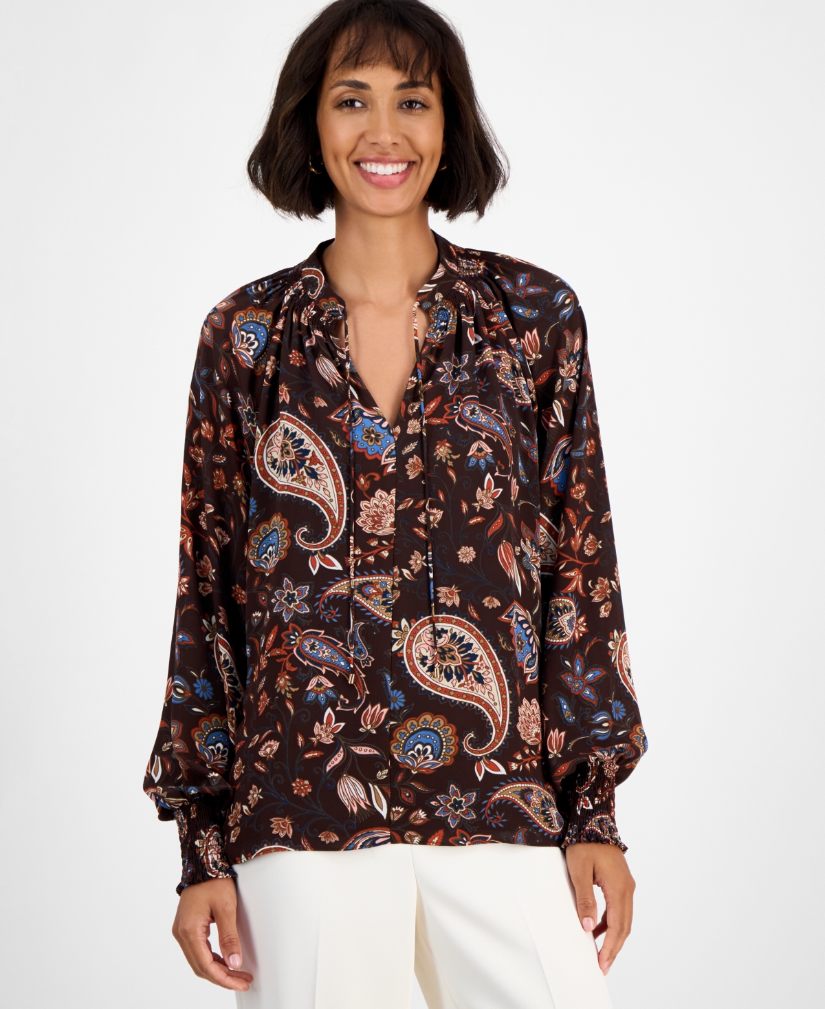 Click here for T Tahari Womens Printed Split-Neck Long-Sleeve Blo... prices