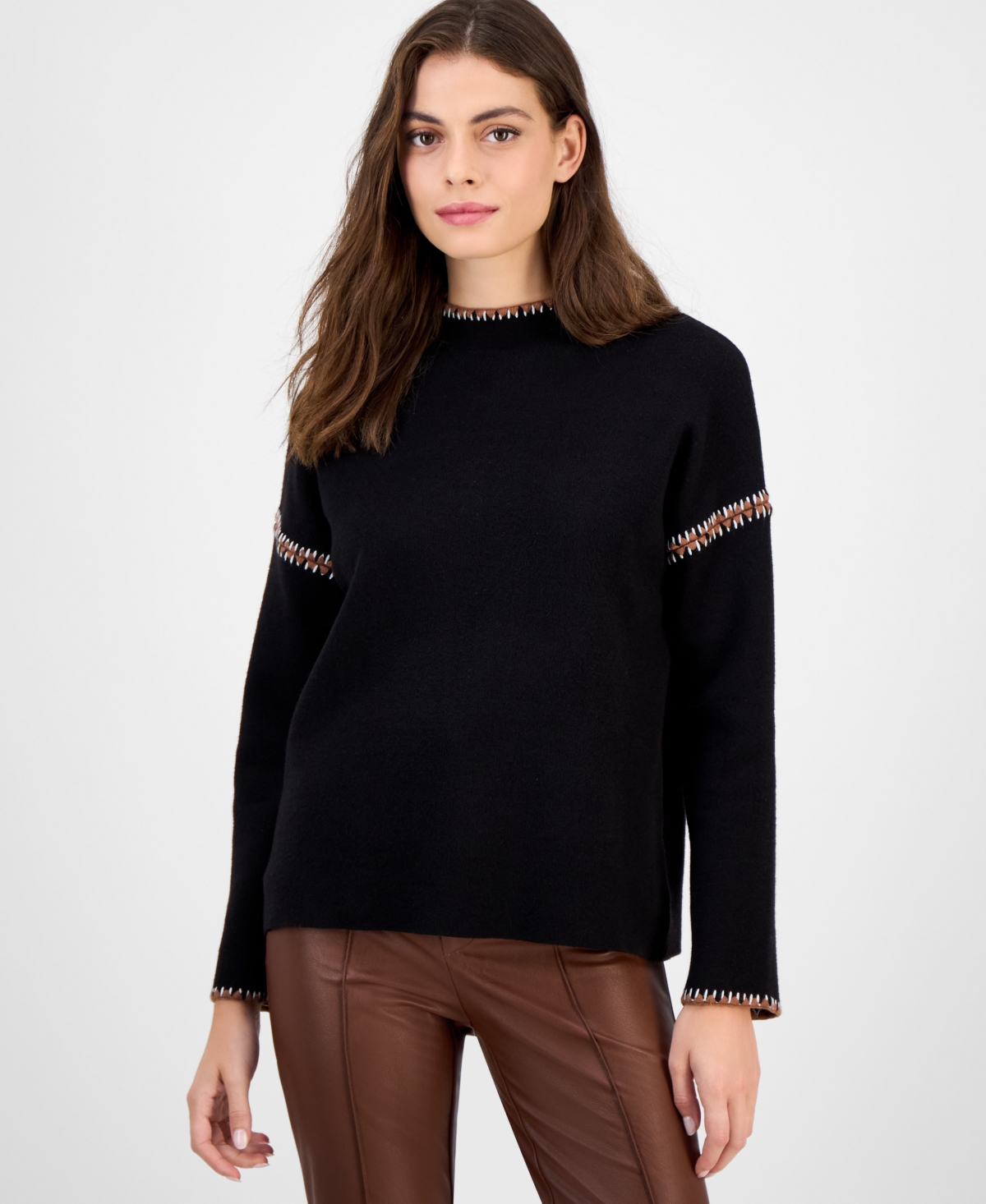 Click here for T Tahari Womens Mock-Neck Embroidered-Stitch Sweat... prices