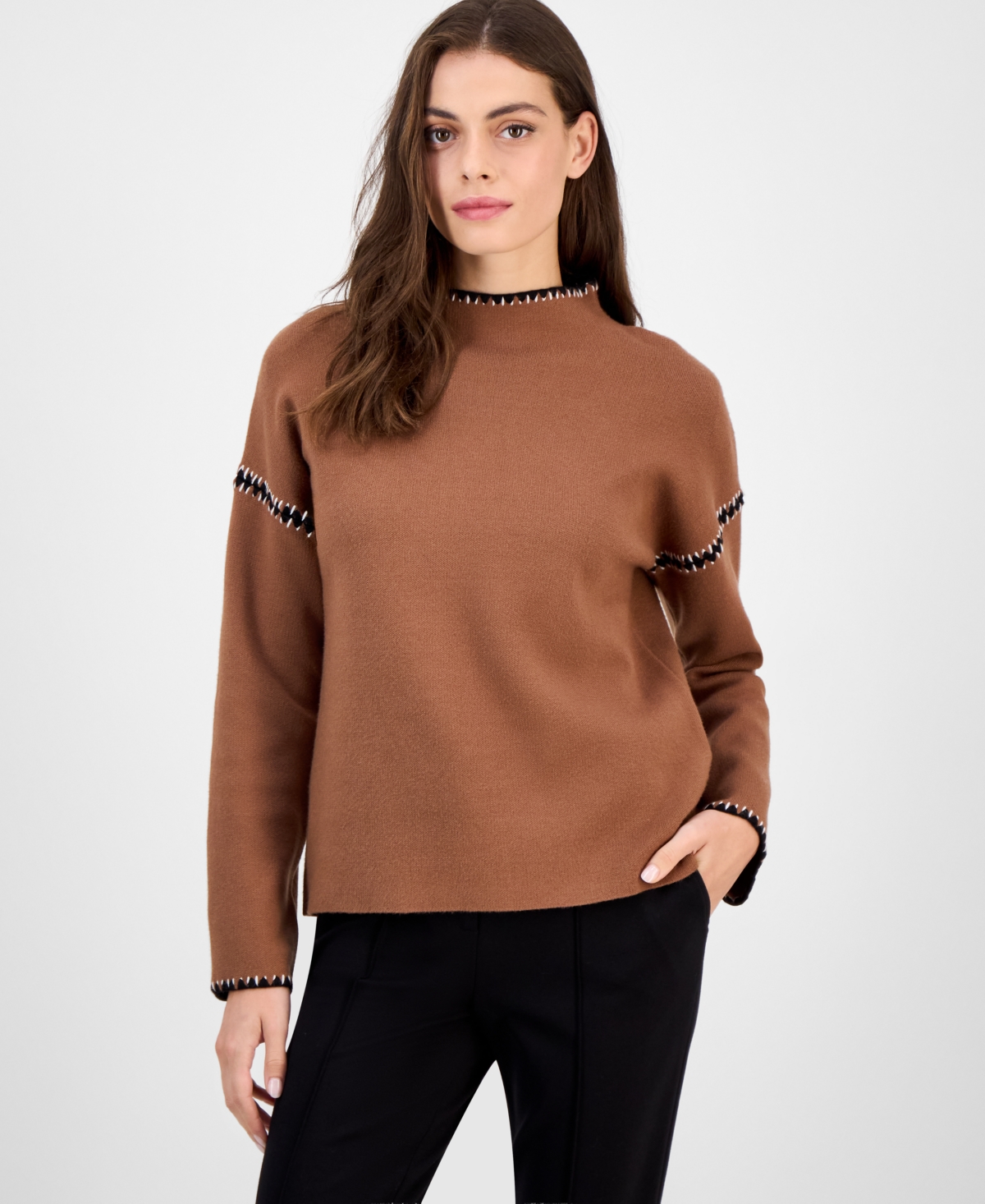 Click here for T Tahari Womens Mock-Neck Embroidered-Stitch Sweat... prices