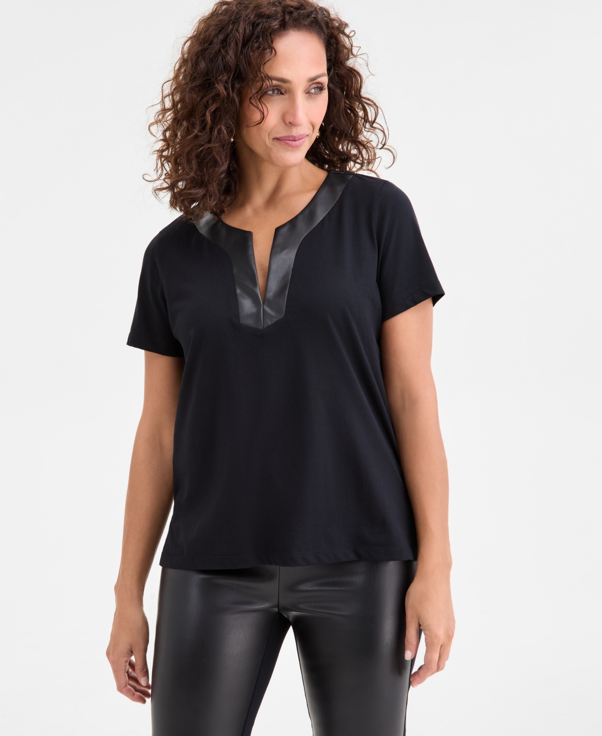 Click here for Jm Collection Womens Faux-Leather-Trim Split-Neck... prices