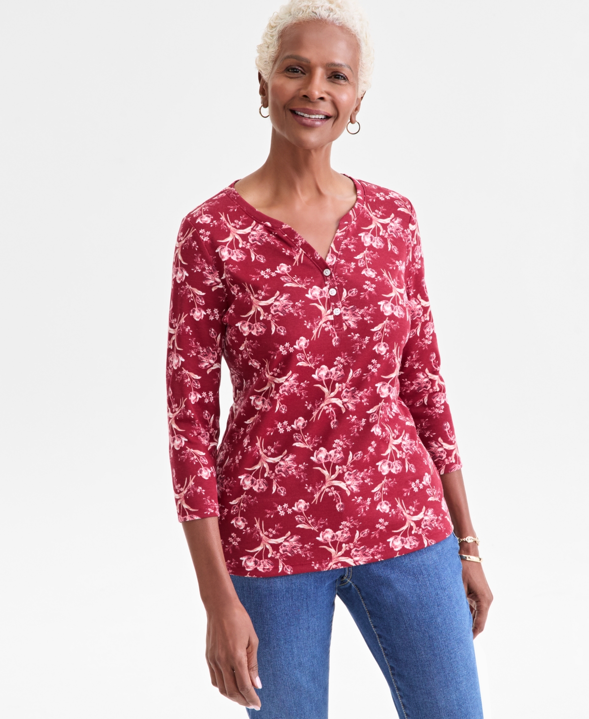 Click here for Style & Co Womens Printed 3/4-Sleeve Henley Top  M... prices