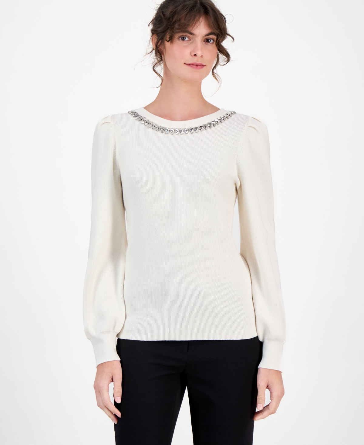 Click here for Ak Anne Klein Womens Embellished Puff-Sleeve Sweat... prices