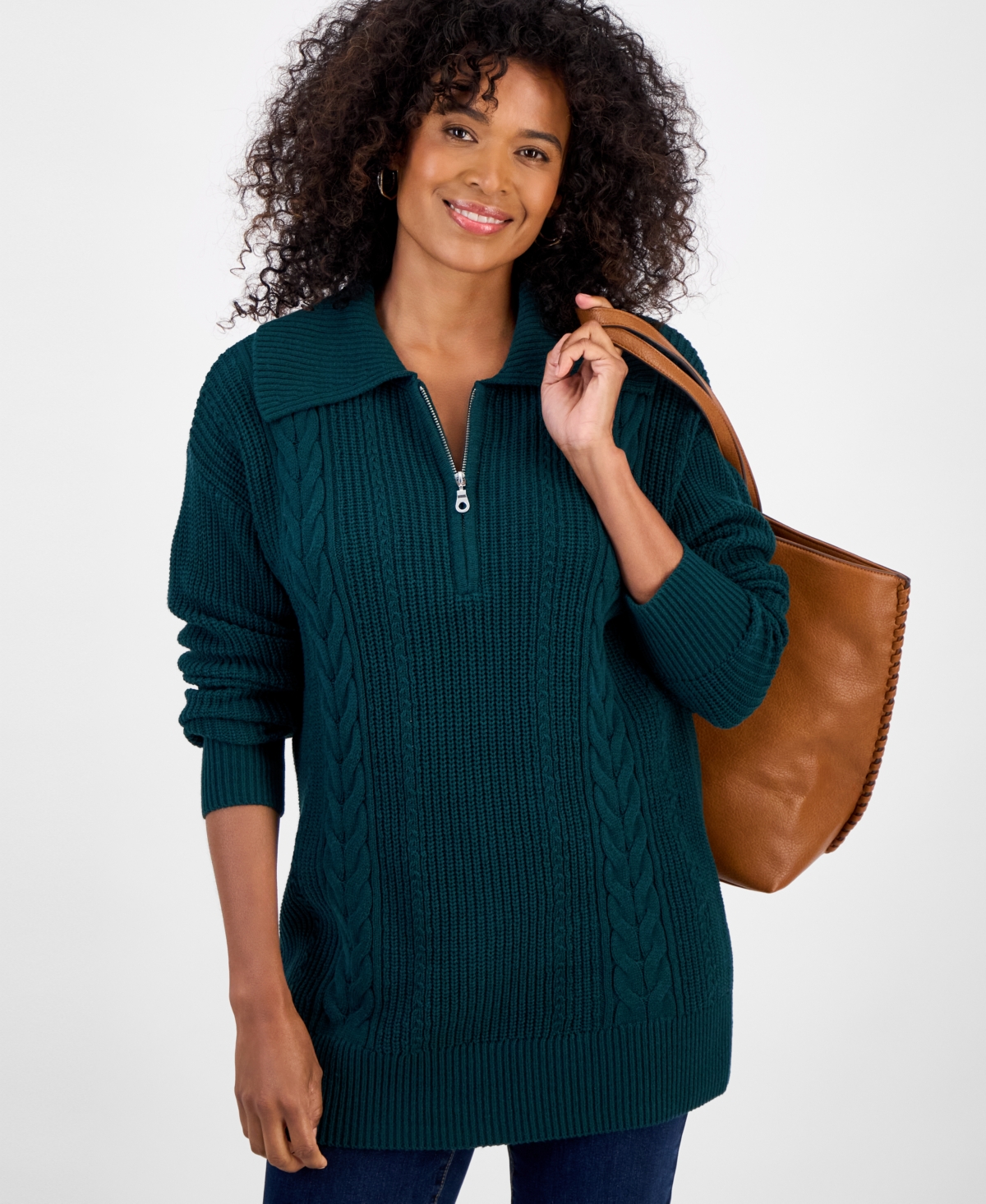 Click here for Style & Co Womens Quarter-Zip Cable-Knit Sweater... prices