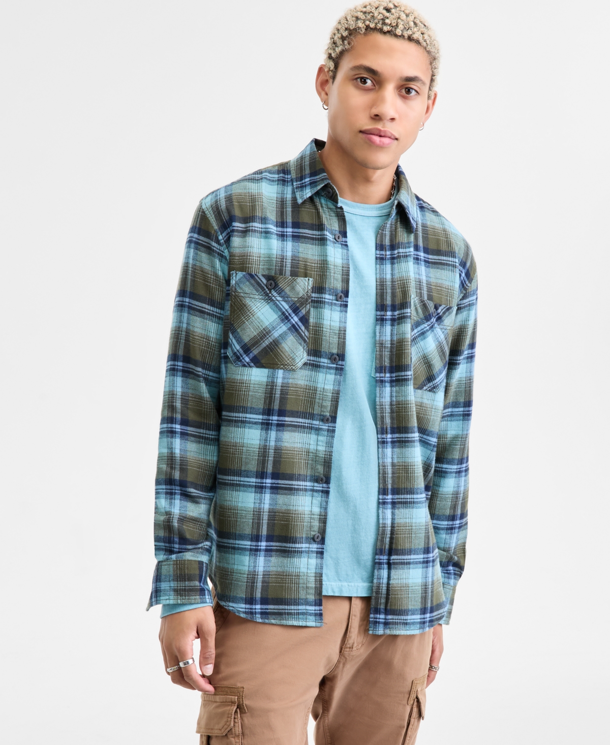 Click here for Sun + Stone Mens Wade Long-Sleeve Cotton Flannel P... prices