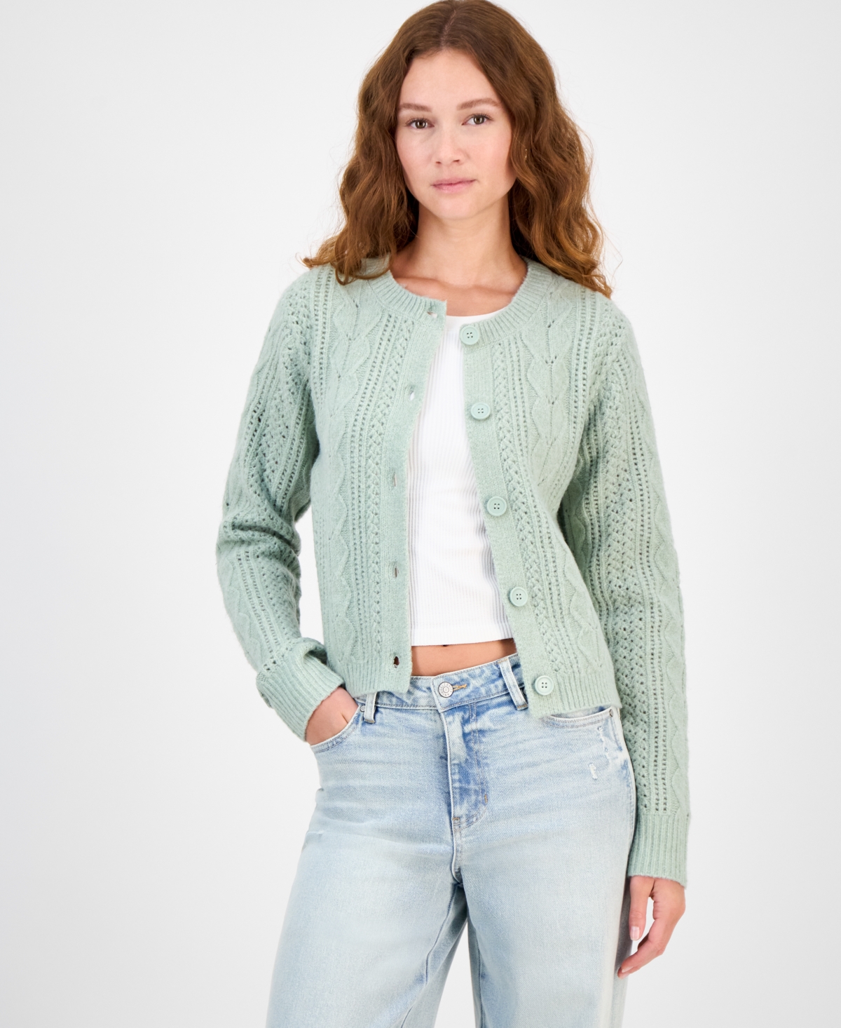 Click here for Hippie Rose Juniors Cable-Knit Button-Front Lady C... prices
