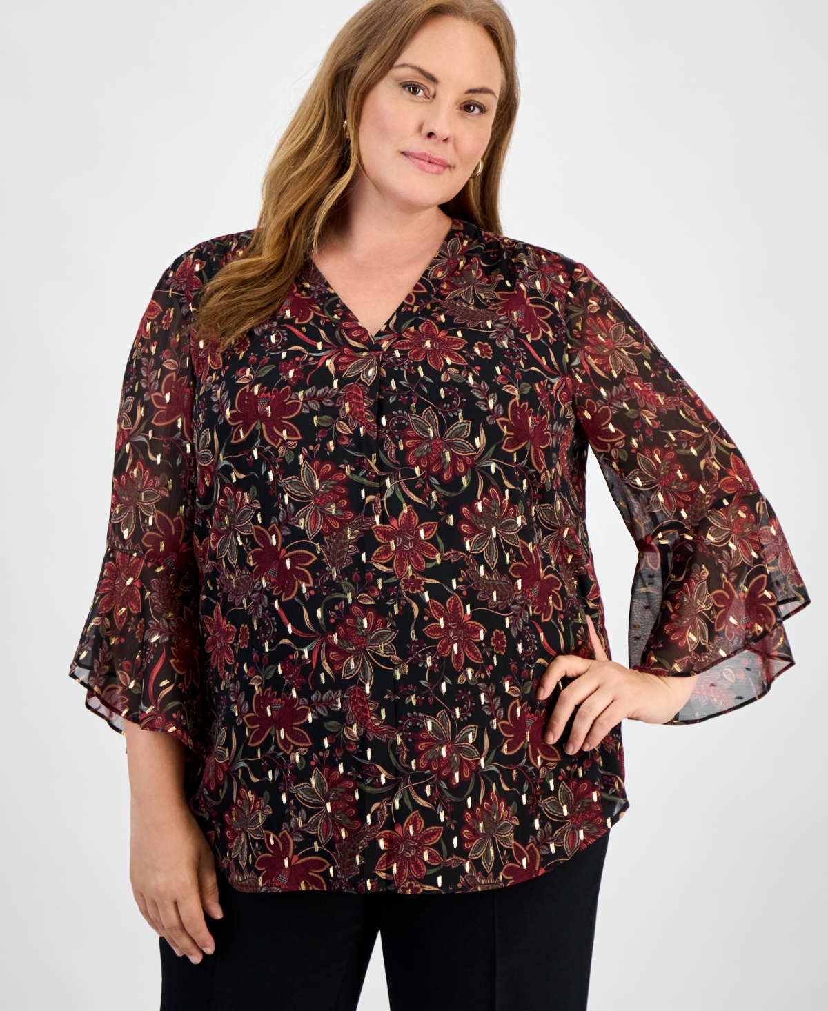 Click here for Jones New York Plus Size Printed V-Neck Flutter-Sl... prices