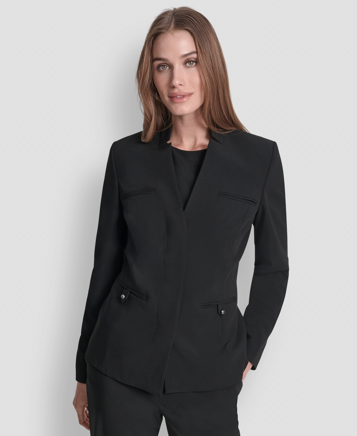 Click here for Dkny Womens Mandarin Collar Open Front Blazer - Bl... prices