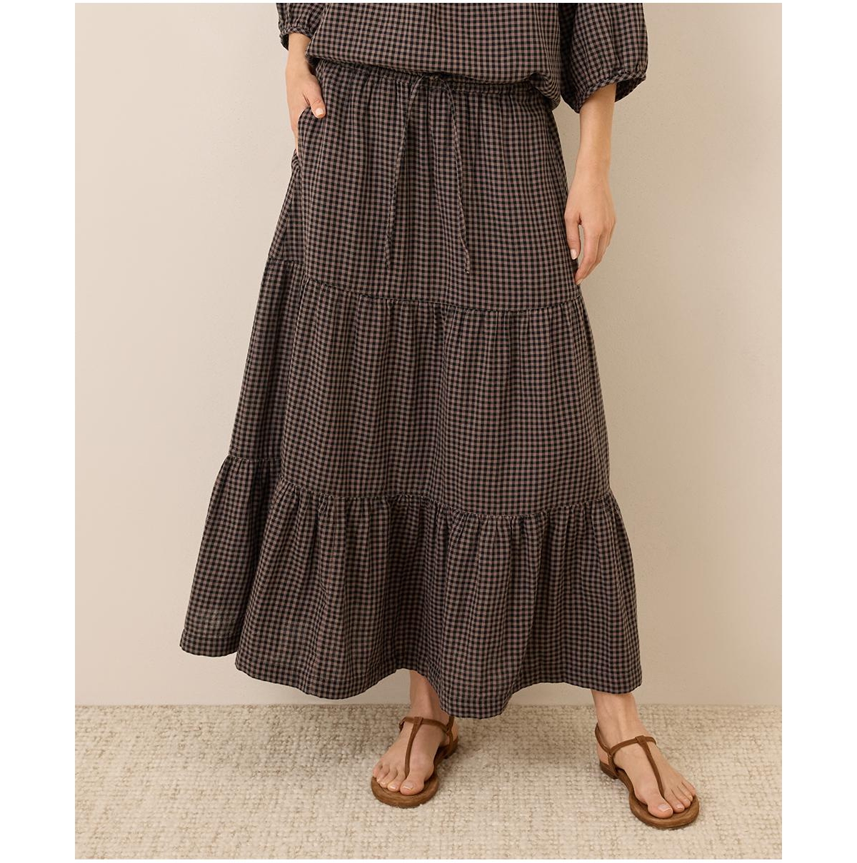 Pact Womens Organic Cotton Coastal Double Gauze Tiered Maxi Skirt - Autumn gingham