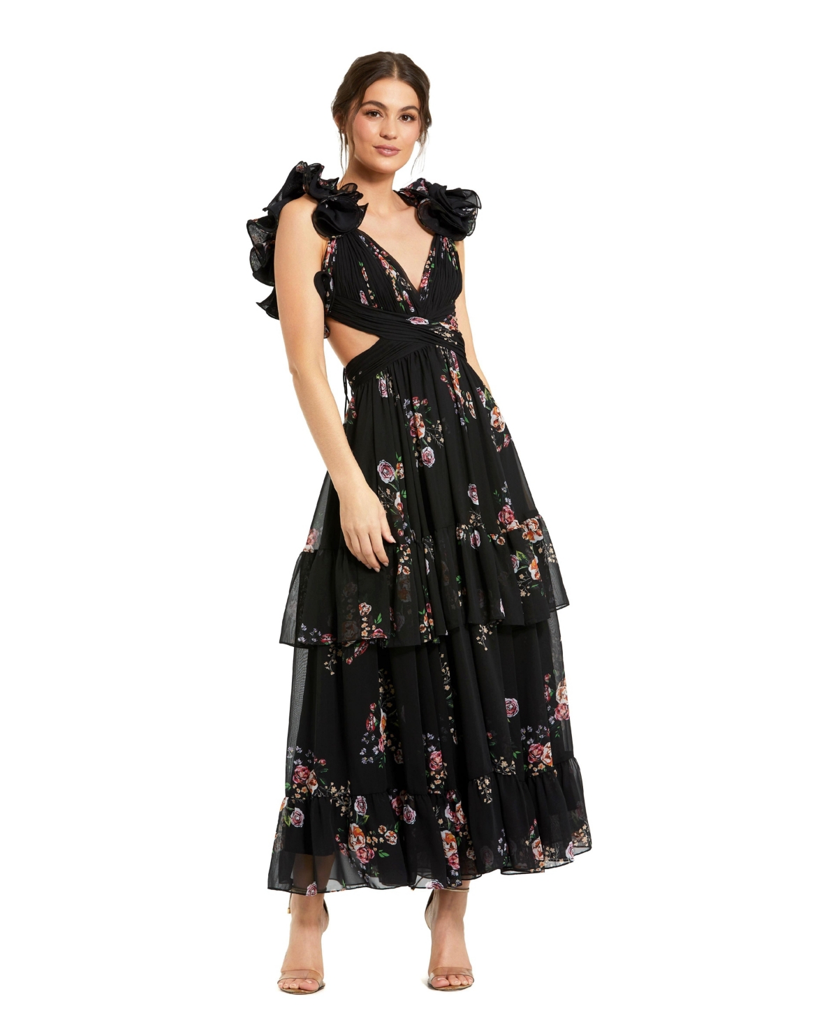 Click here for Mac Duggal Womens Tiered Floral Chiffon Lace-up Dr... prices