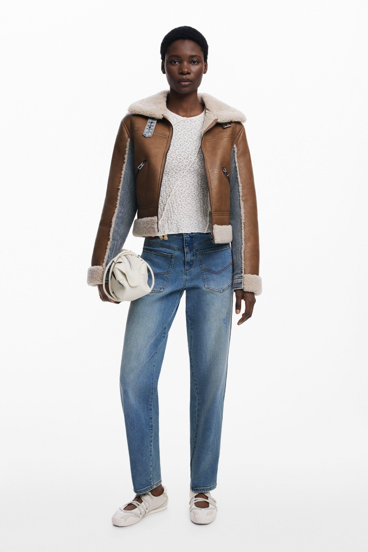 Click here for Desigual Womens Combined shearling jacket - Brown prices