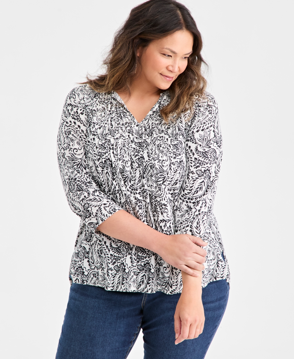 Click here for Style & Co Plus Size Pintuck-Front Split-Neck Knit... prices