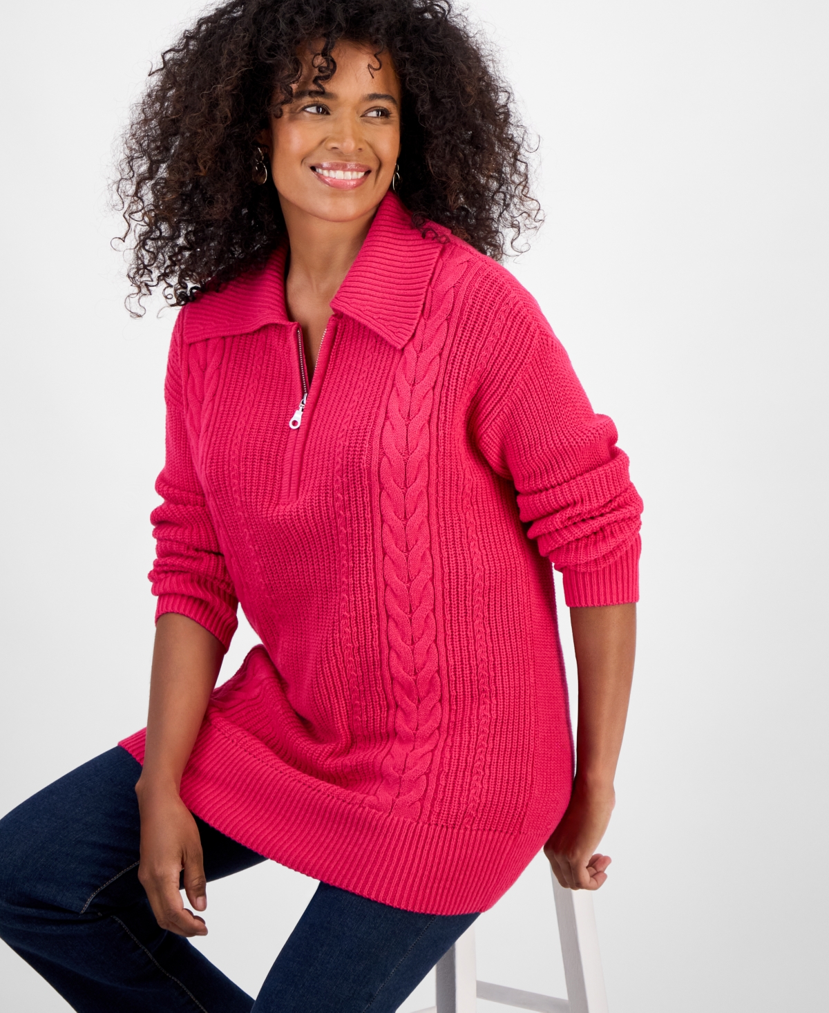 Click here for Style & Co Womens Quarter-Zip Cable-Knit Sweater... prices