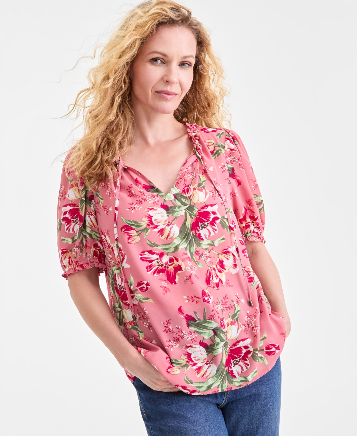 Click here for Style & Co Womens Printed Ruffle Puff-Sleeve Top... prices