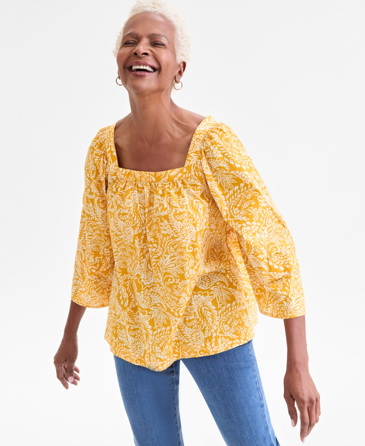 Click here for Style & Co Womens Square-Neck 3/4-Sleeve Shine Blo... prices