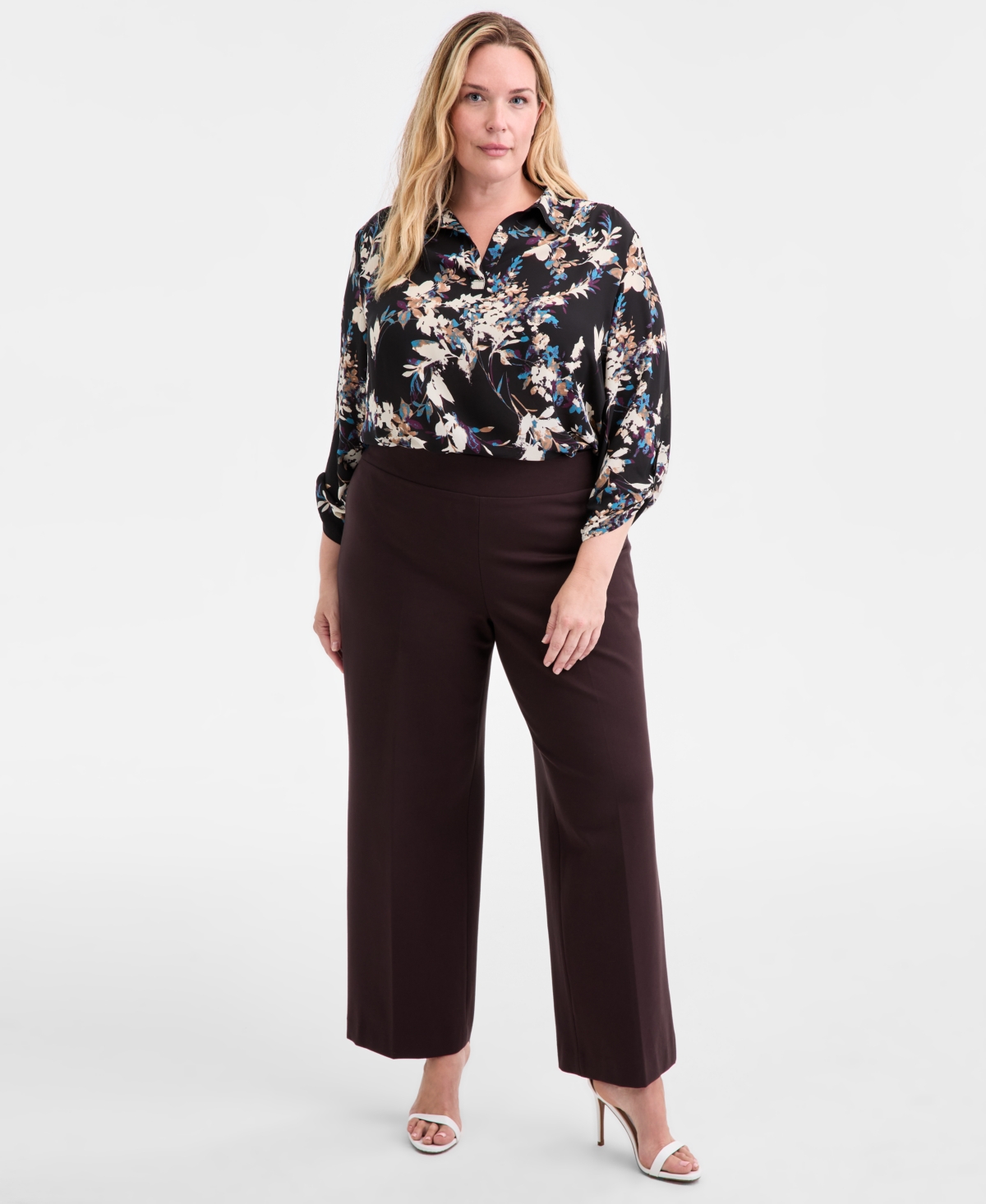Anne Klein Plus Size Pull-On Wide-Leg Pants - Deep Mahogany