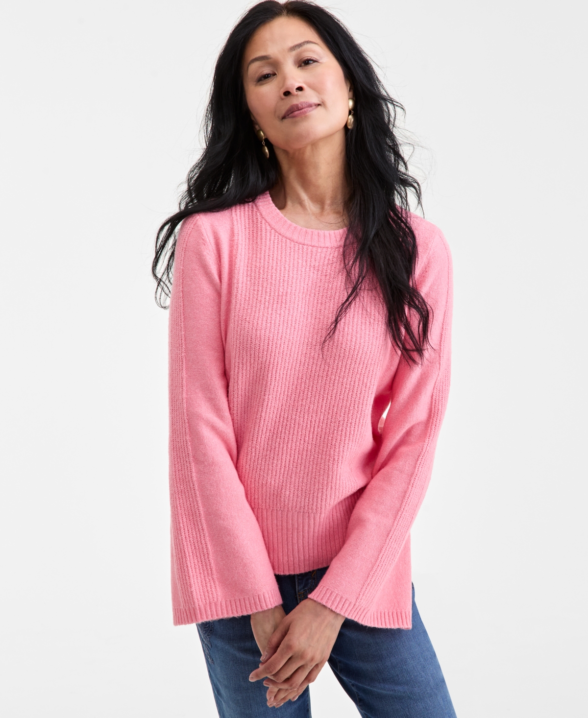 Click here for Style & Co Womens Bell-Sleeve Boucle Ribbed Sweate... prices