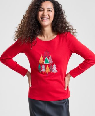 Click here for Holiday Lane Womens Festive Trees Long Sleeve Top... prices