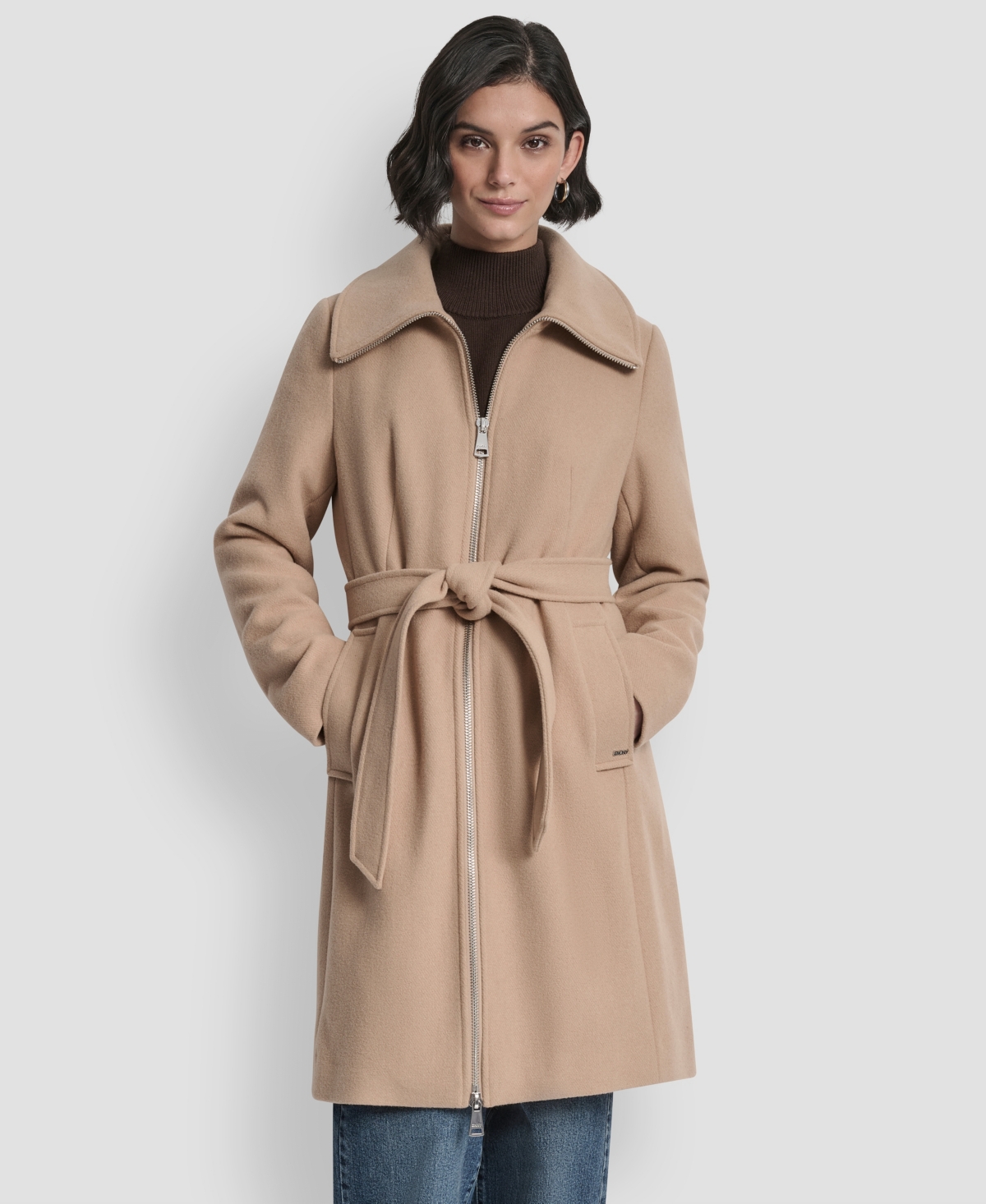 Click here for Dkny Womens Collared Neck Belted Coat - Light Came... prices