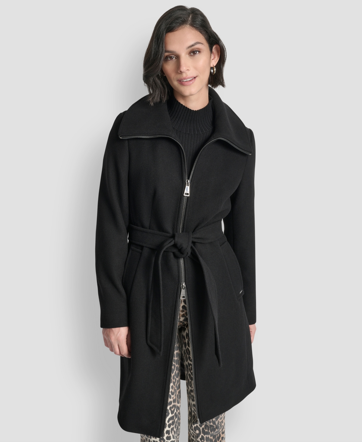 Click here for Dkny Petite Belted Zip Front Coat - Black prices